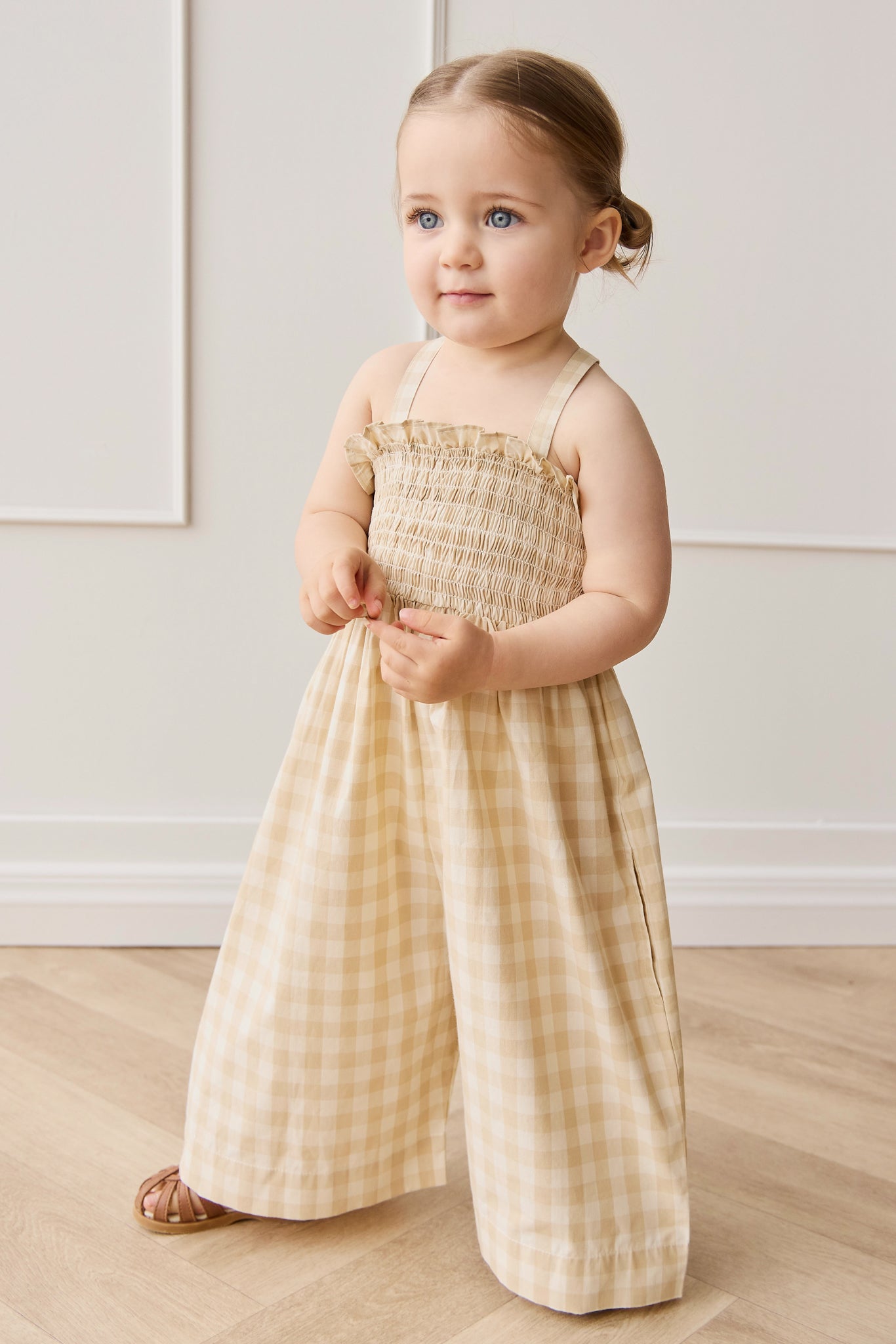 Organic Cotton Arabella Jumpsuit - Gingham Pale Khaki – Jamie Kay Wholesale